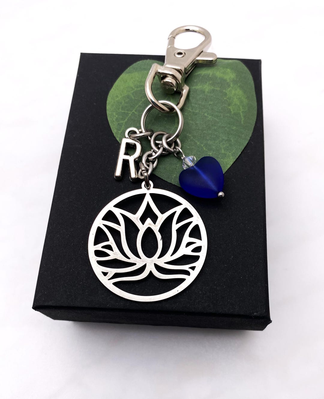 LOTUS FLOWER KEYCHAIN & Cobalt Blue Heart With Clear Swarovski Crystal ...