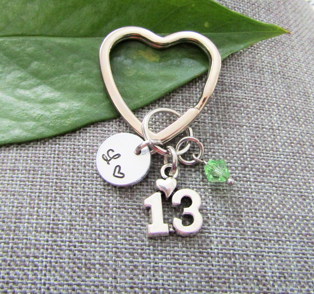 BIRTHDAY "13" KEYCHAIN Personalized With Initial Charm and Swarovski ...