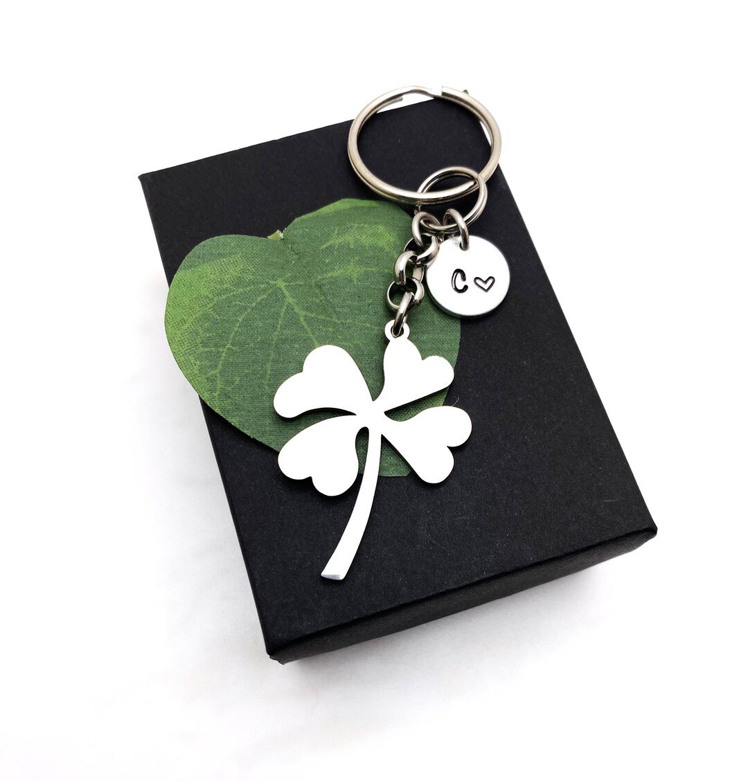 Large 4 LEAF CLOVER KEYCHAIN Personalized W Initial Charm- Stainless ...