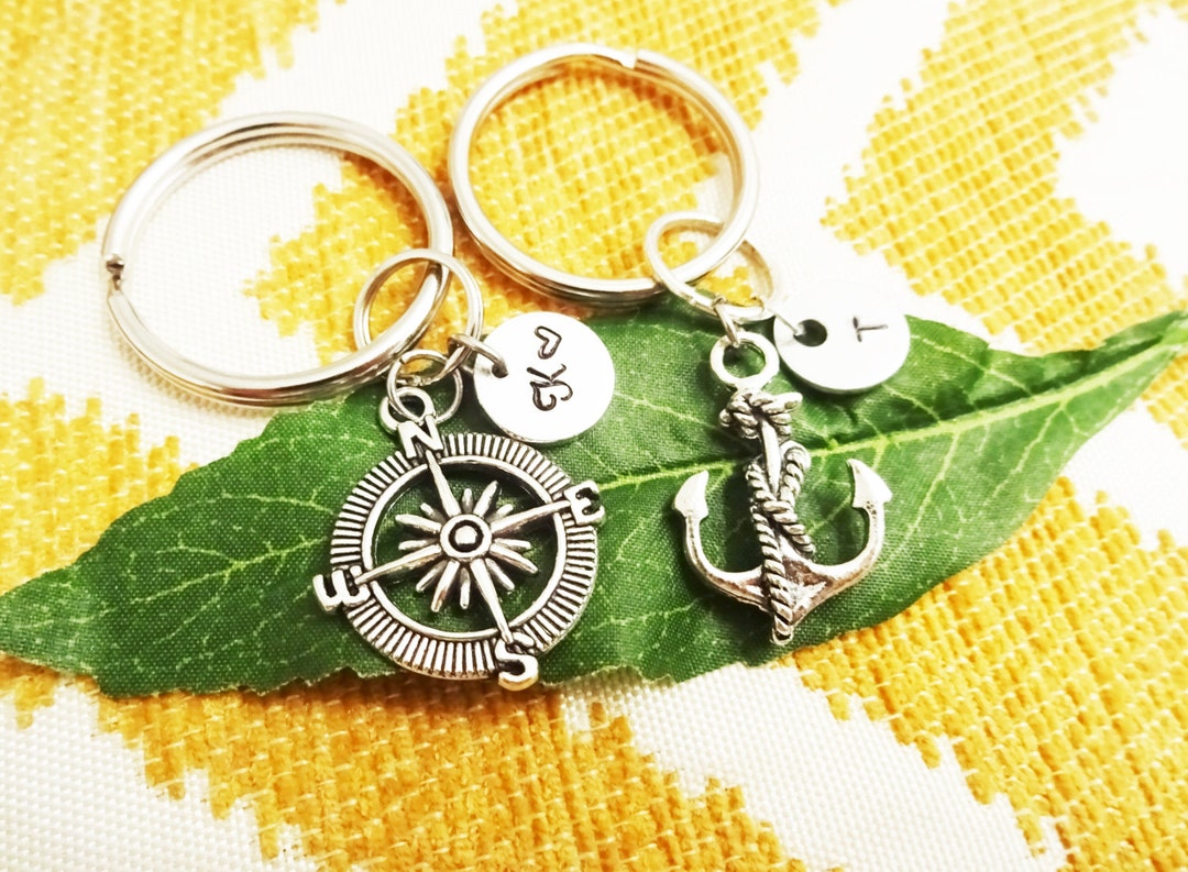 COMPASS & ANCHOR KEYCHAINS Personalized With Initial Charms - Matching ...