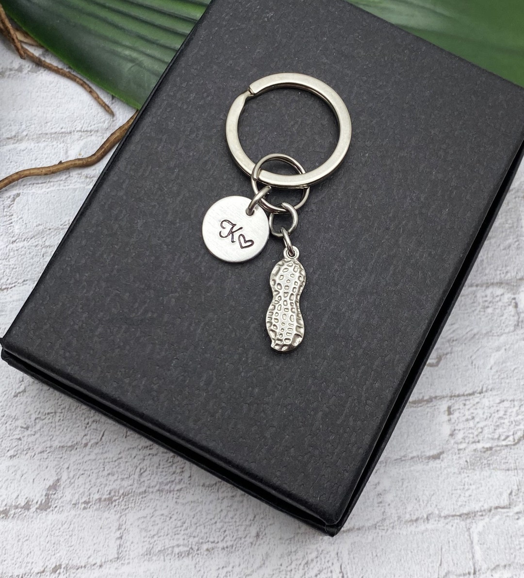 SMALL Stainless Steel PEANUT KEYCHAIN Personalized With Initial Charm ...