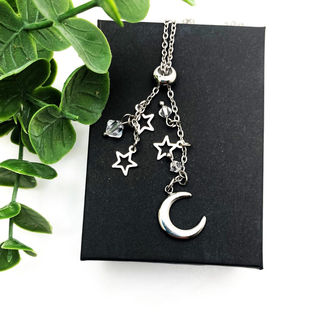 Stainless Steel 3D CRESCENT MOON & STARS Lariat Necklace on 2mm Cable ...