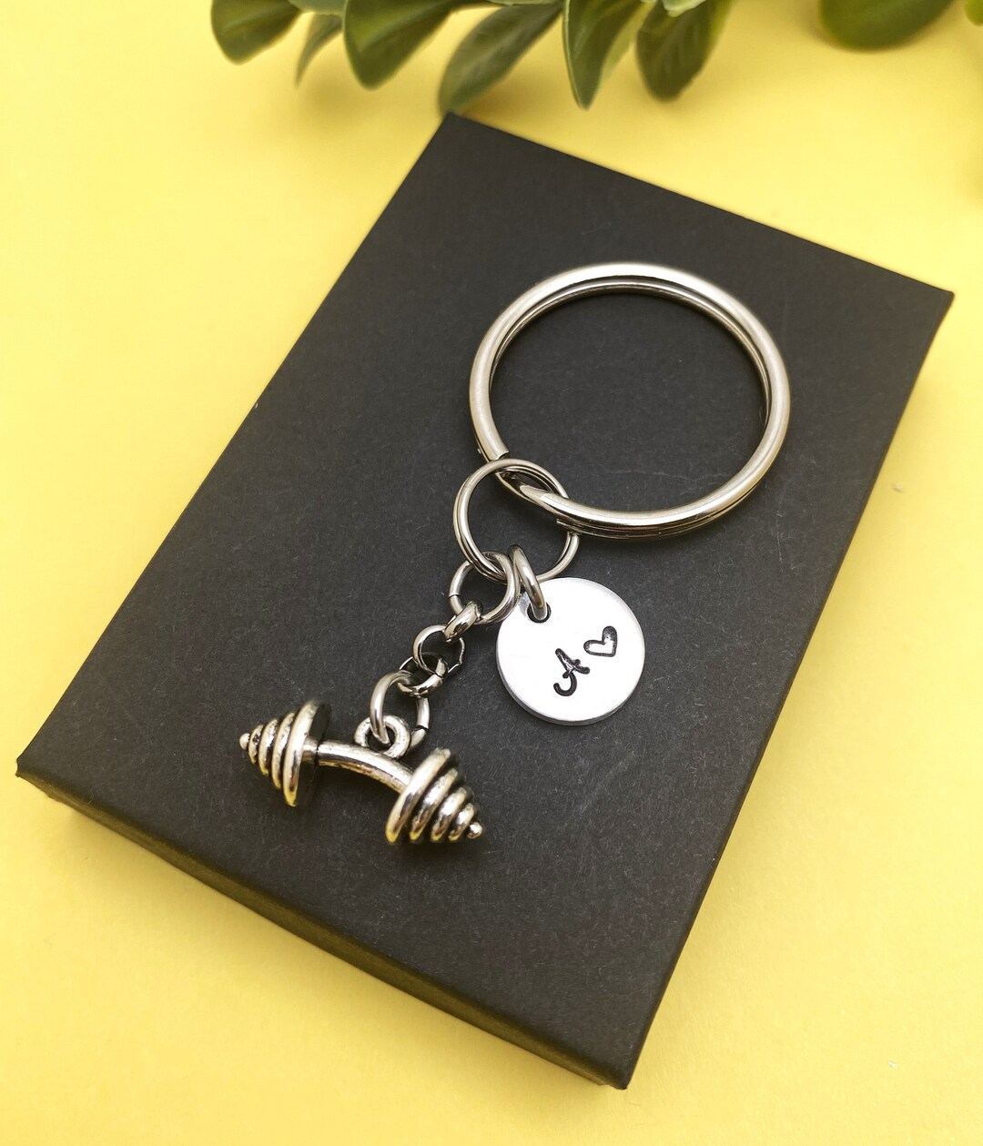 3D DUMBBELL KEYCHAIN Personalized With Initial Charm - 7/8 Inch Barbell ...