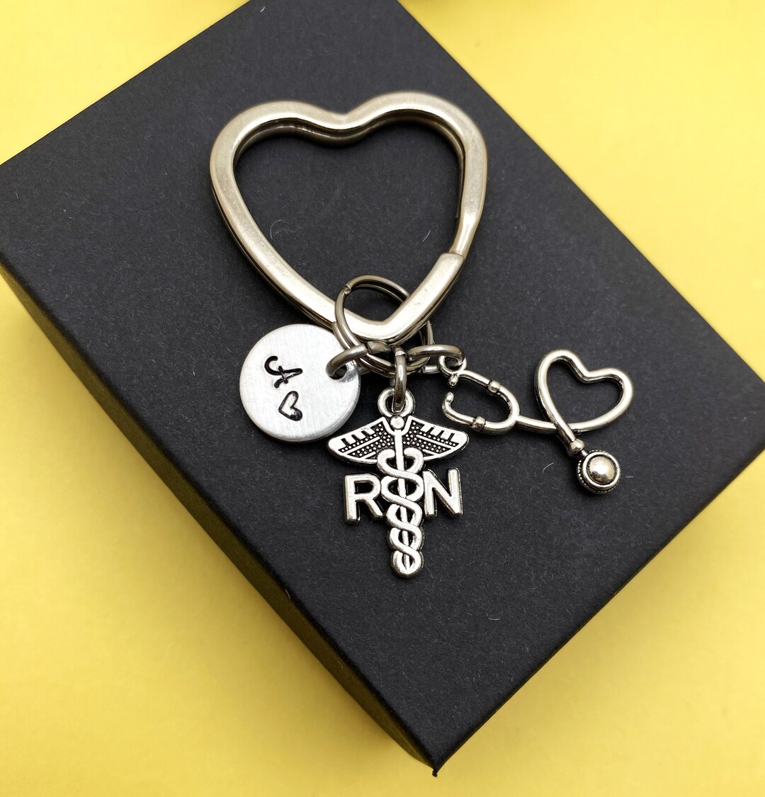 RN & Heart STETHOSCOPE Keychain Personalized W Initial Charm Registered ...