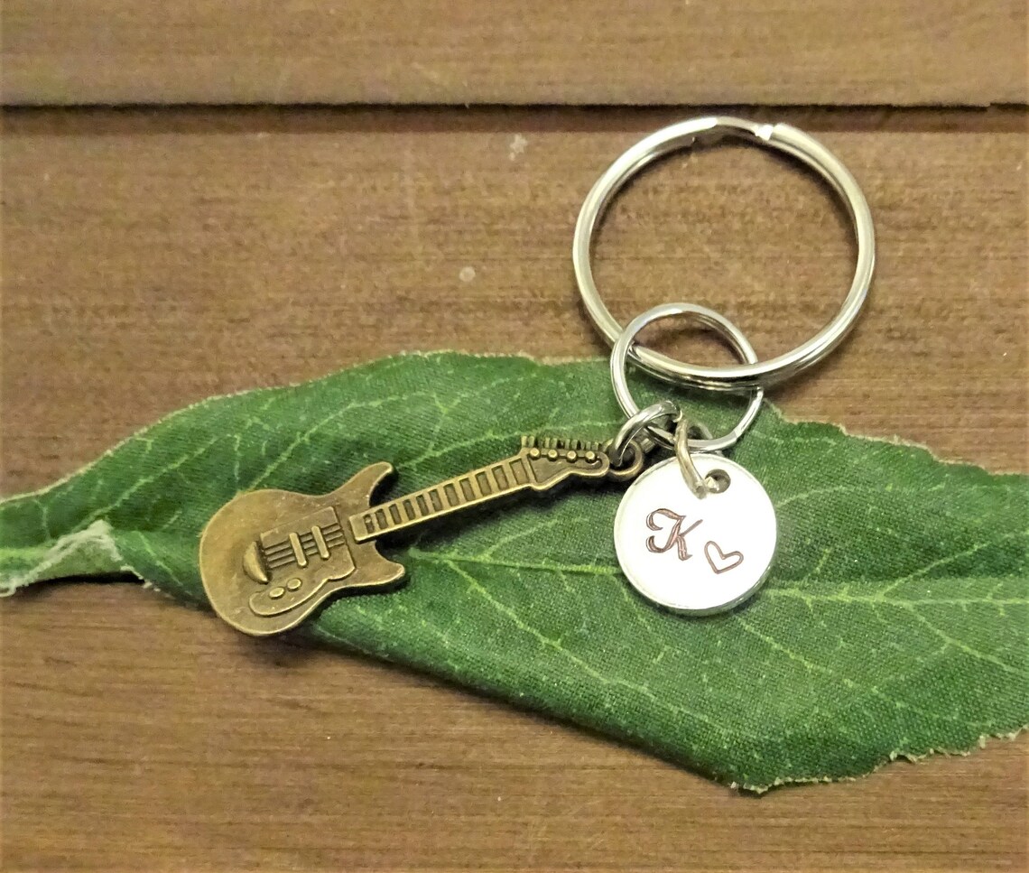 BRONZE GUITAR KEYCHAIN personalized with initial charm | Etsy