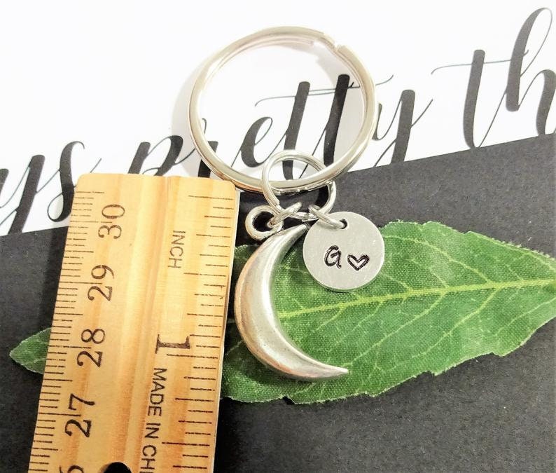 CRESCENT MOON KEYCHAIN personalized with initial charm moon | Etsy