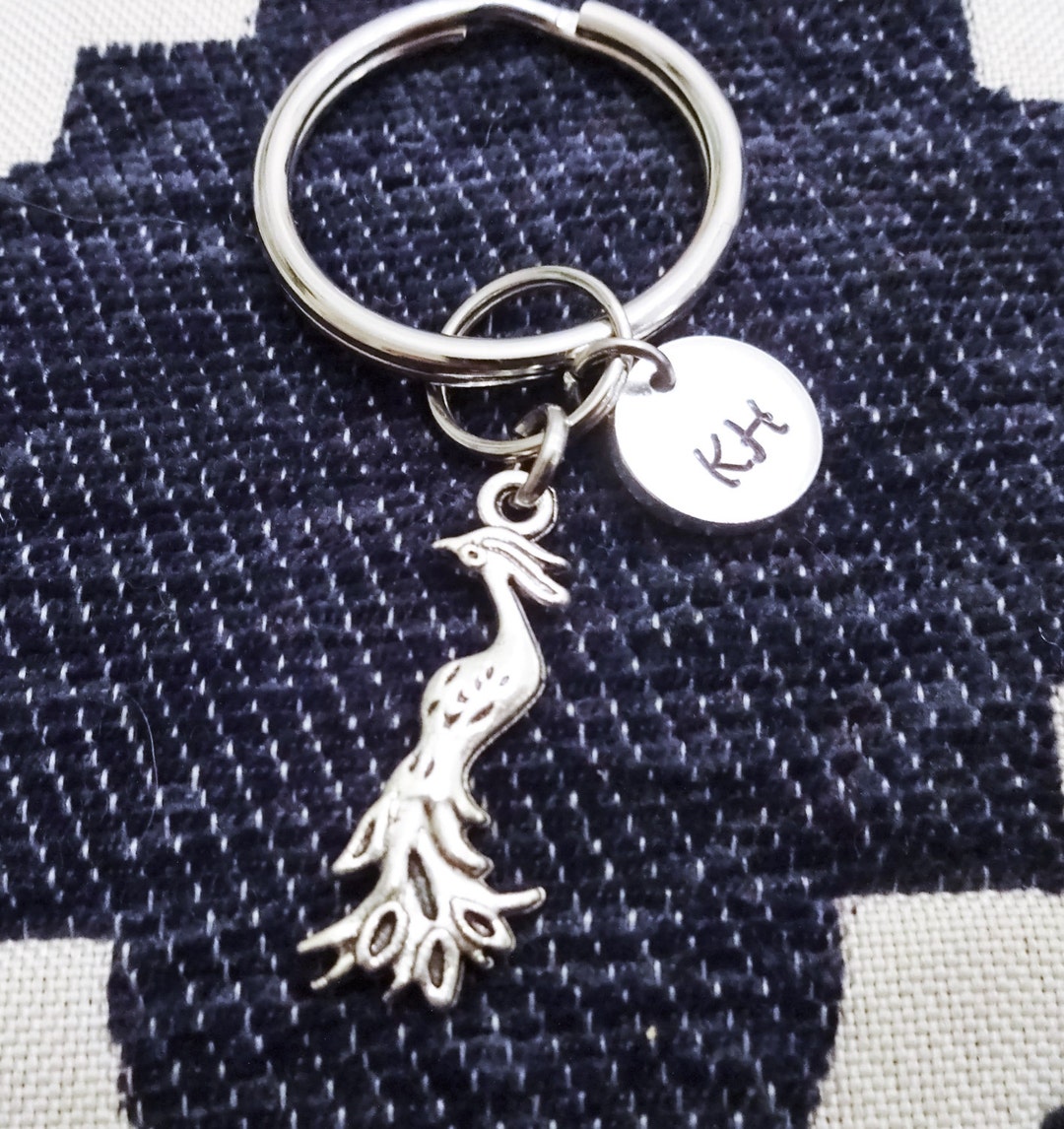 PEACOCK PHOENIX KEYCHAIN Personalized With Initial Charm - Small Double ...