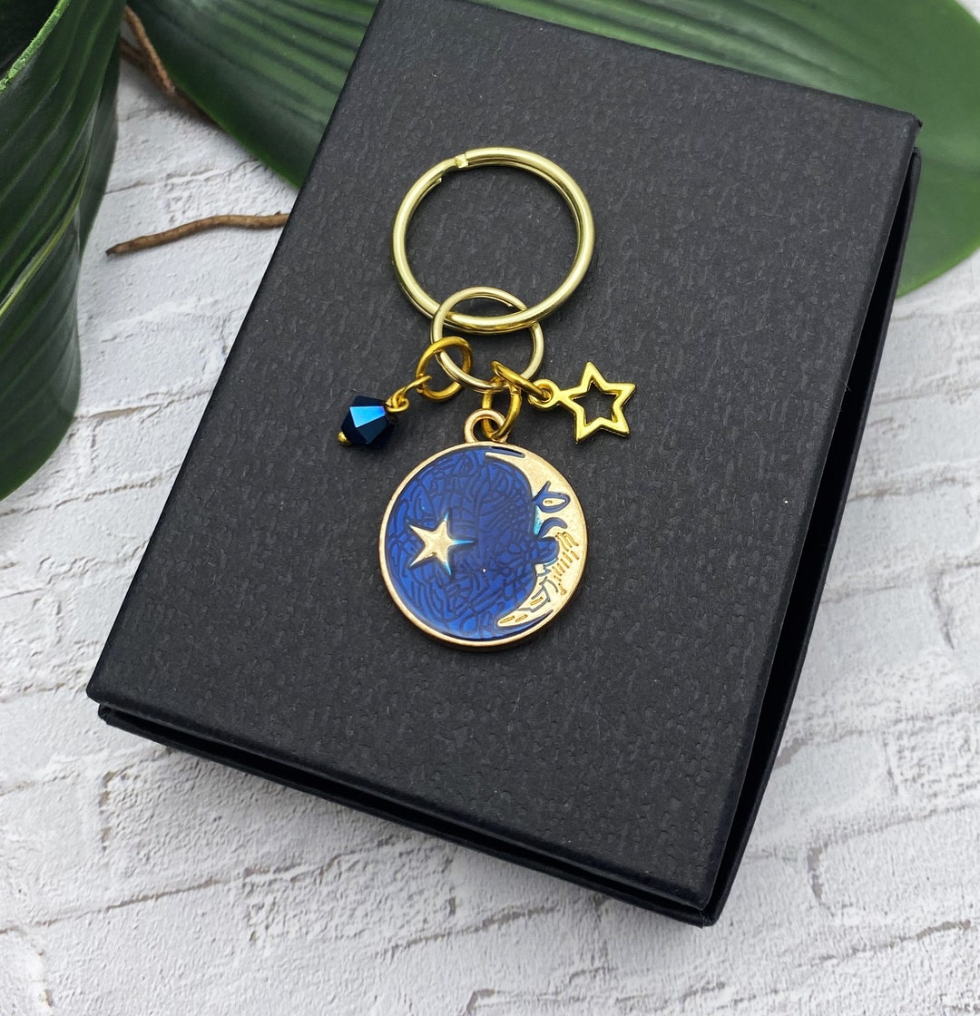Blue and Gold CRESCENT MOON & STAR Keychain With Blue and Clear Crystal ...