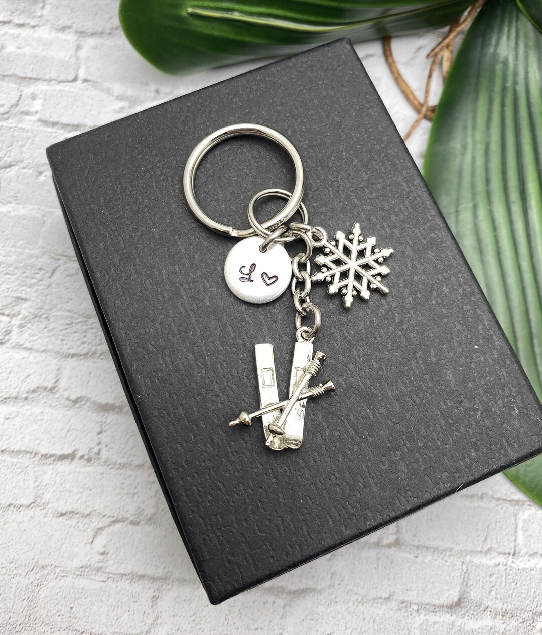SKI KEYCHAIN Personalized With Initial Charm - Ski and Snowflake ...