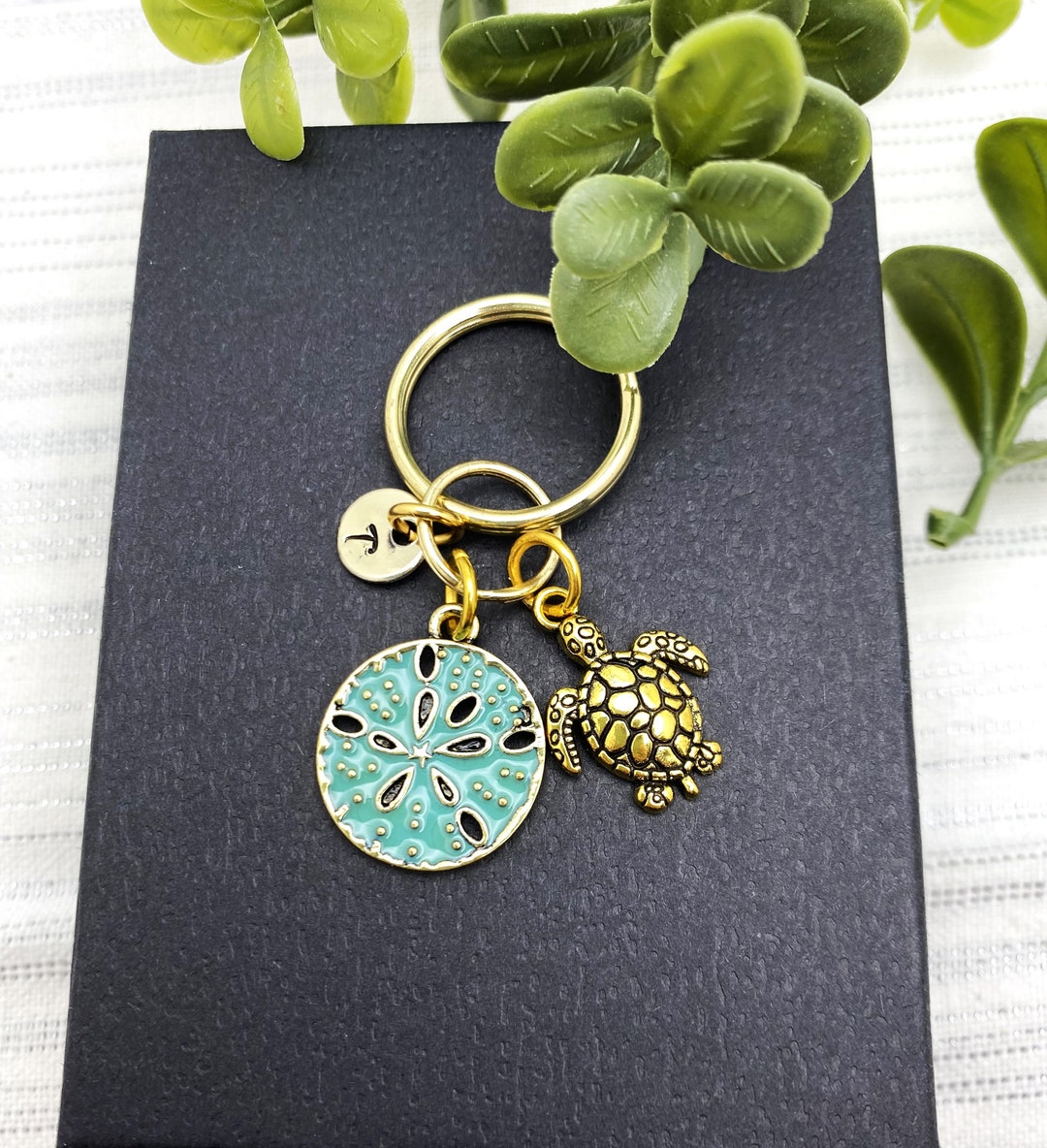 Blue Patina SAND DOLLAR & Sea TURTLE Keychain With Personalized Initial ...
