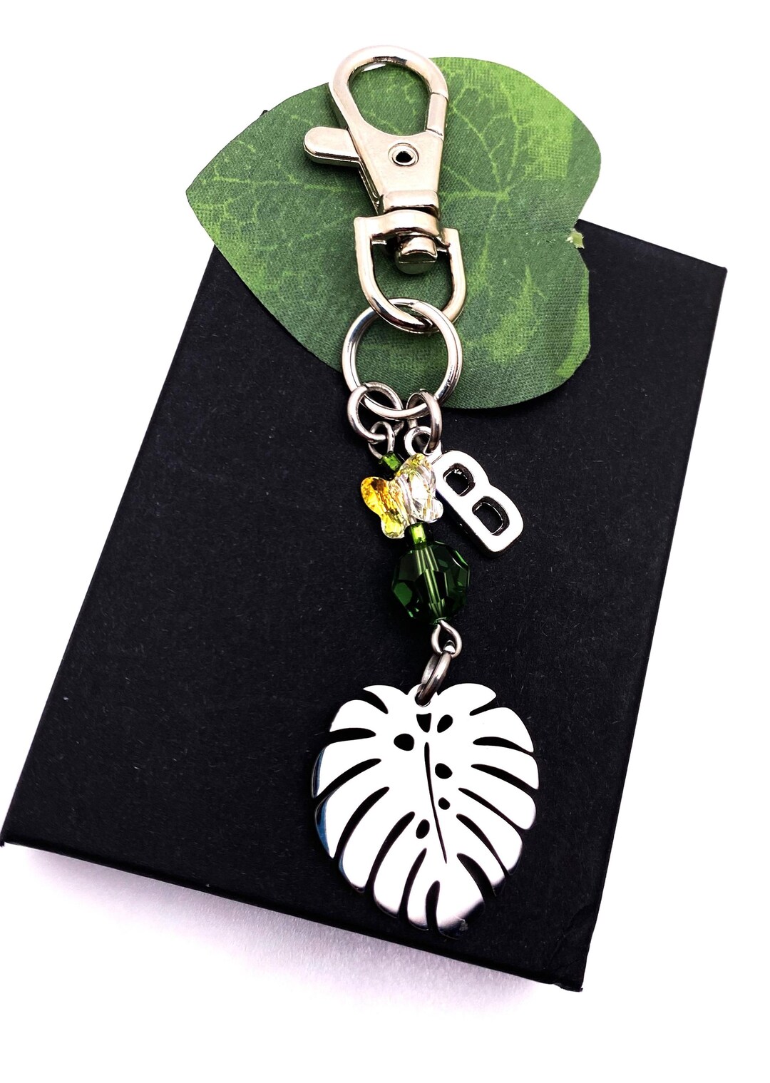 MONSTERA LEAF KEYCHAIN Personalized With Initial Charm With Clear ...