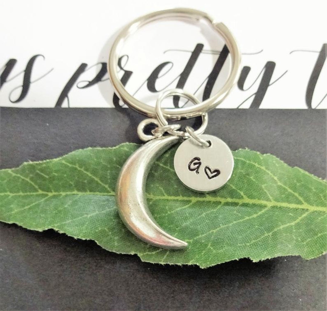 CRESCENT MOON KEYCHAIN Personalized With Initial Charm - Silver Tone ...