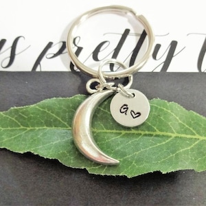 CRESCENT MOON KEYCHAIN Personalized With Initial Charm - Silver Tone ...