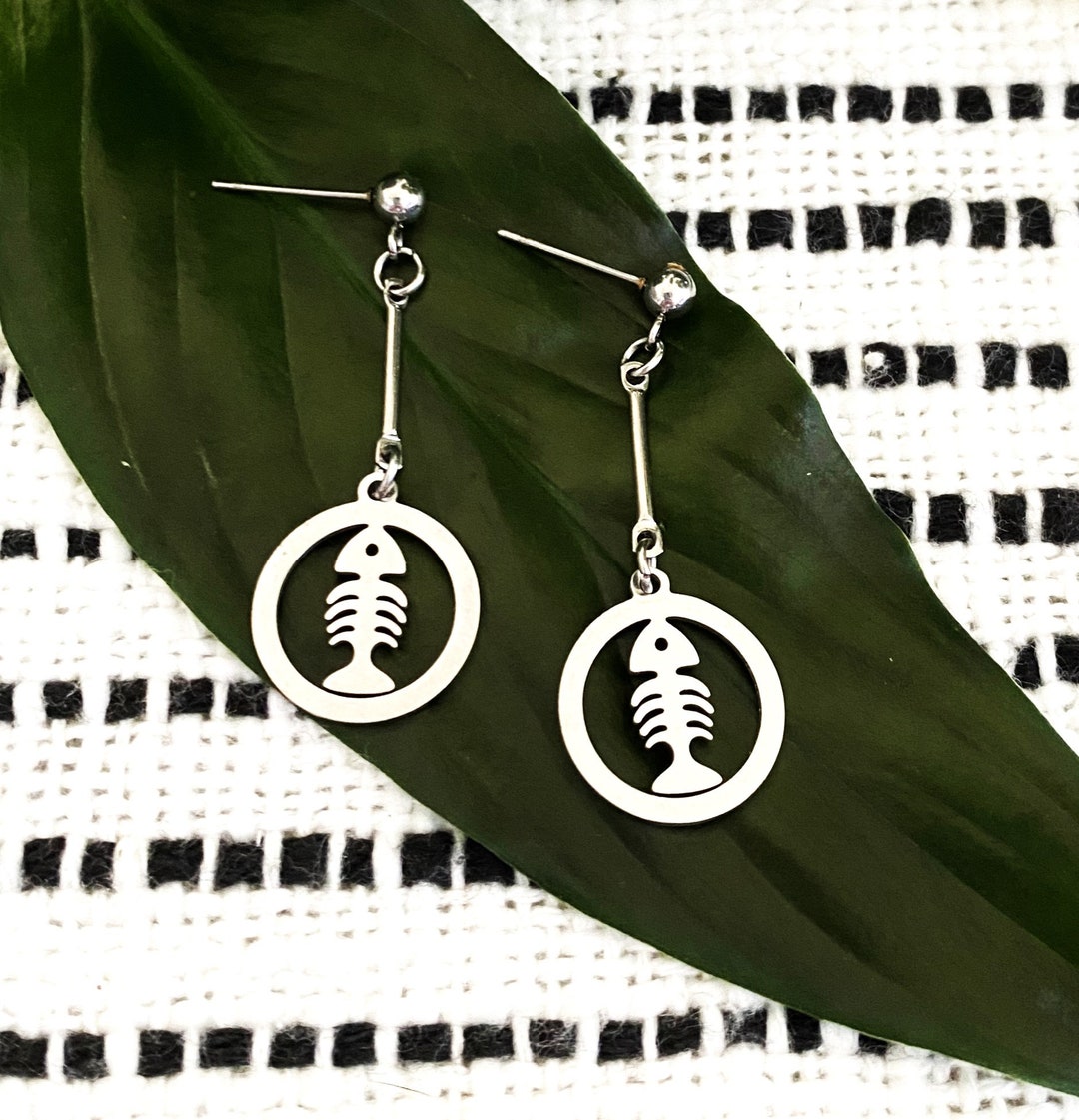 Stainless Steel Small FISHBONE EARRINGS on Stainless Steel Chains and ...