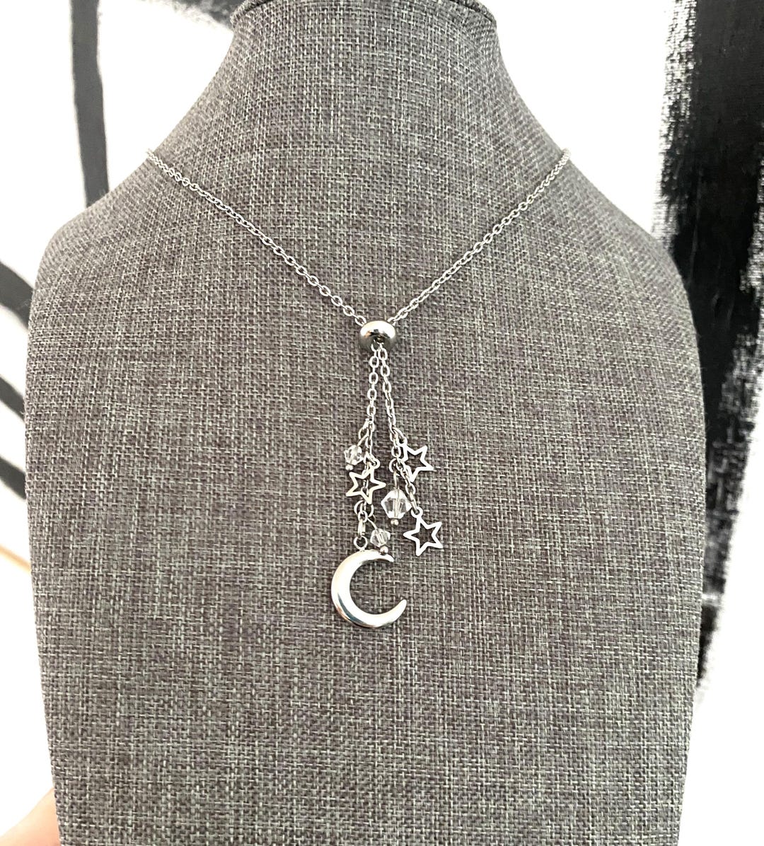 Stainless Steel 3D CRESCENT MOON & STARS Lariat Necklace on 2mm Cable ...