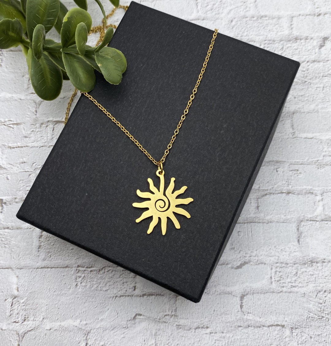 Gold STAINLESS STEEL SUN Necklace on a Gold Stainless Steel Chain - Sun ...