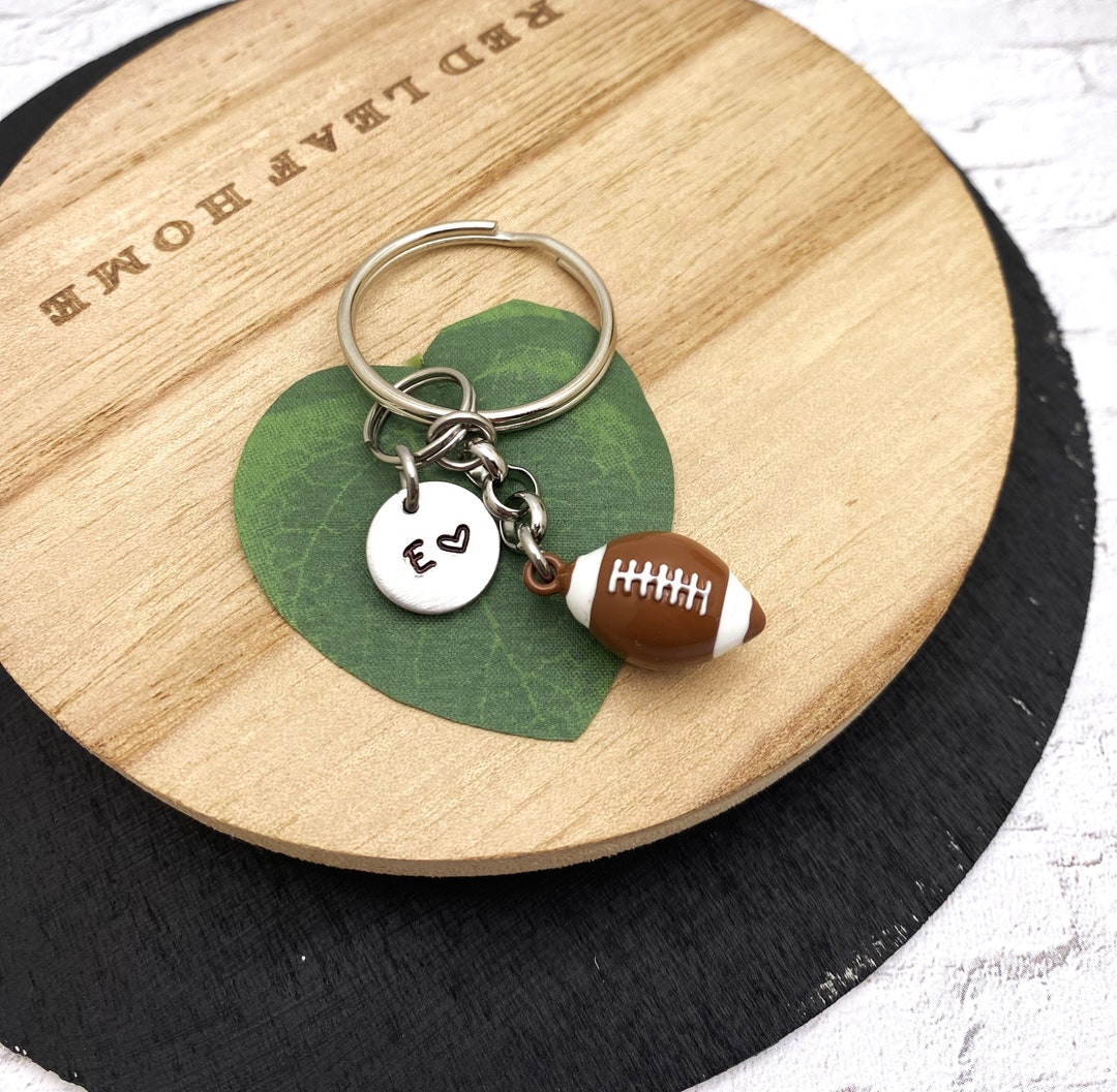 FOOTBALL KEYCHAIN With Initial Charm - Brown & Silver 7/8" X 1/2" Small ...