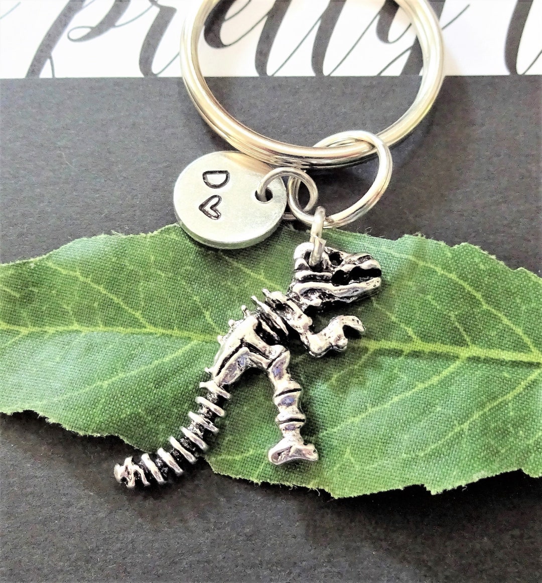 DINOSAUR KEYCHAIN Personalized With Initial Charm Silver Dino Keychain ...