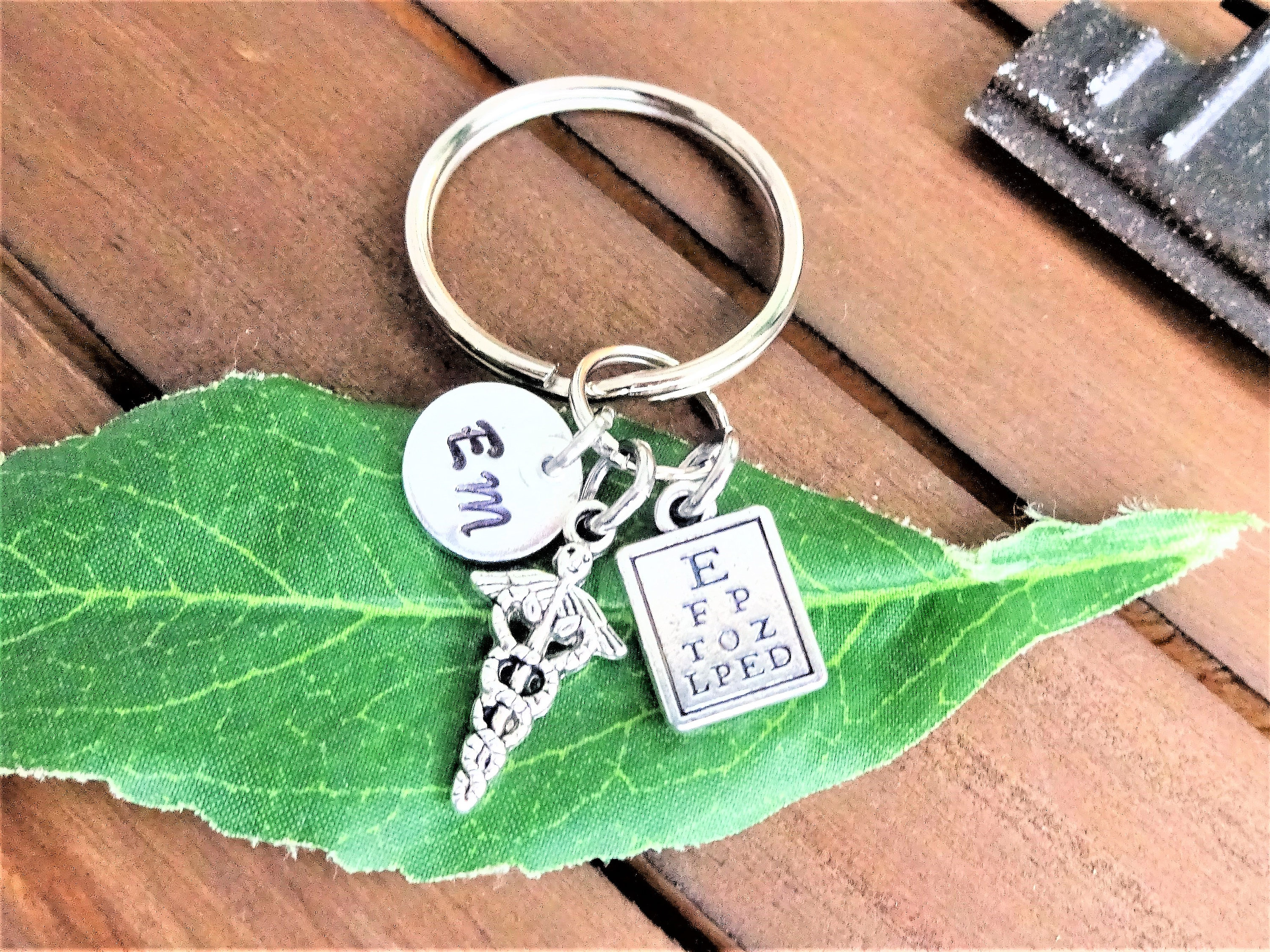 EYE CHART & CADUCEUS Keychain Personalized With Initial Charm ...