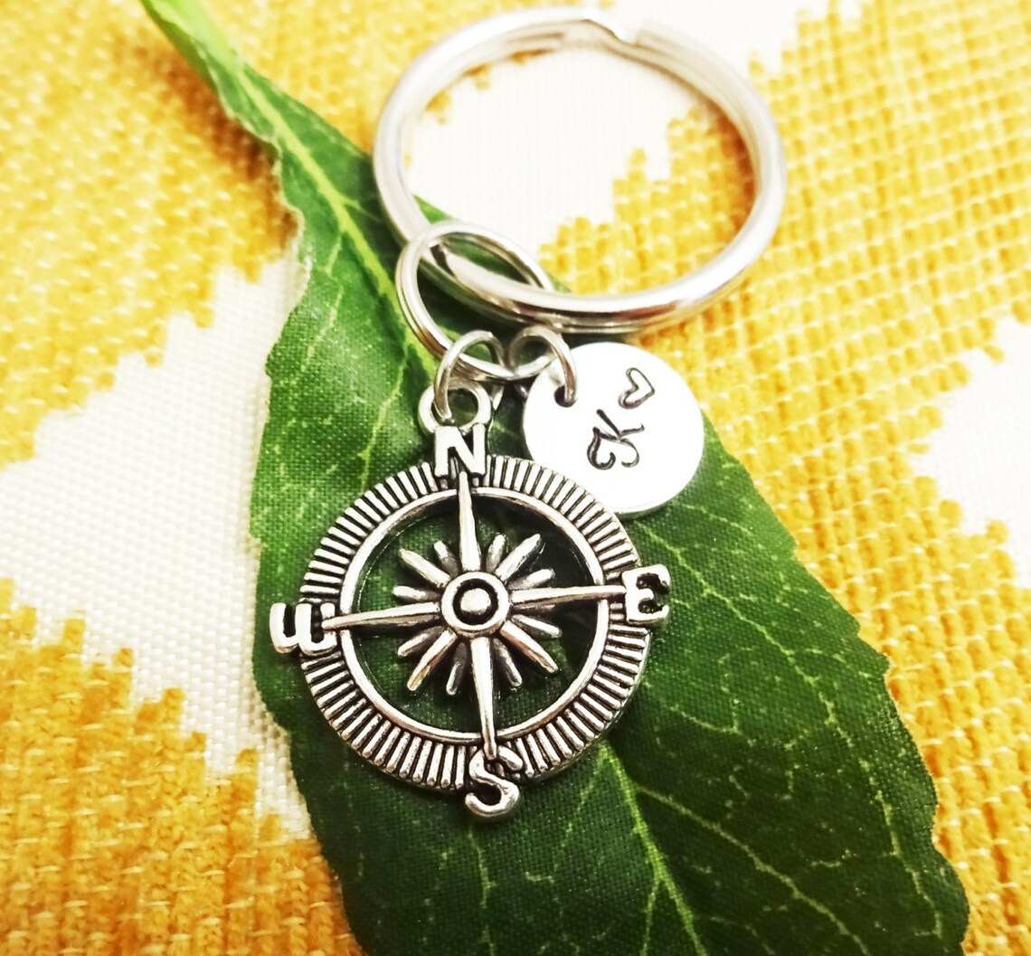 COMPASS KEYCHAIN Personalized With Initial Charm Compass - Etsy