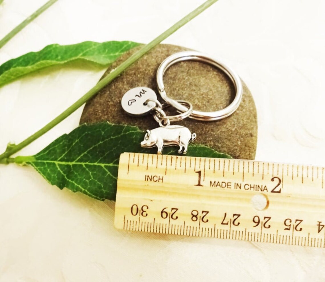 PIG KEYCHAIN With Initial Charm Choose Silver or Bronze Pigs | Etsy