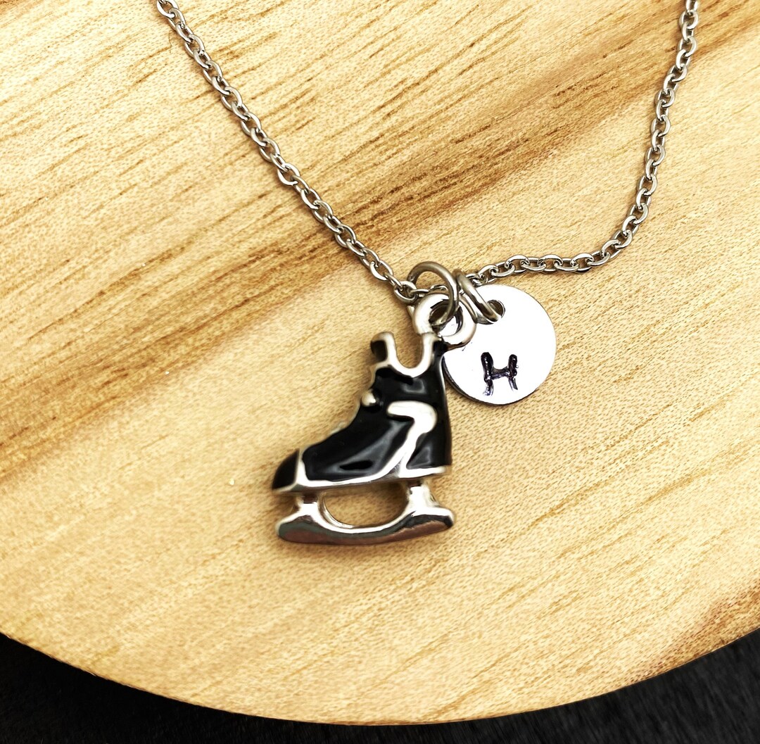 Black ICE SKATE NECKLACE Personalized With Initial Charm on a Stainless ...