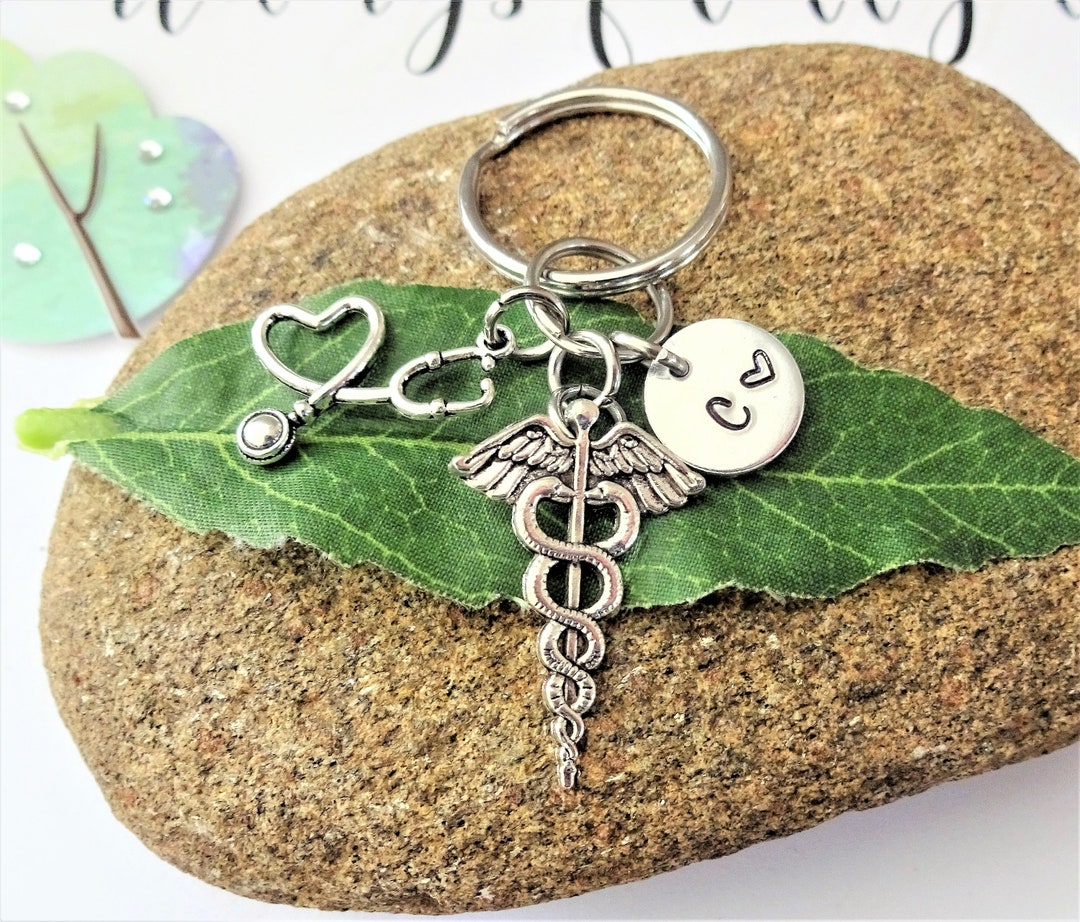 CADUCEUS & Heart STETHOSCOPE Keychain Personalized With Initial Charm ...