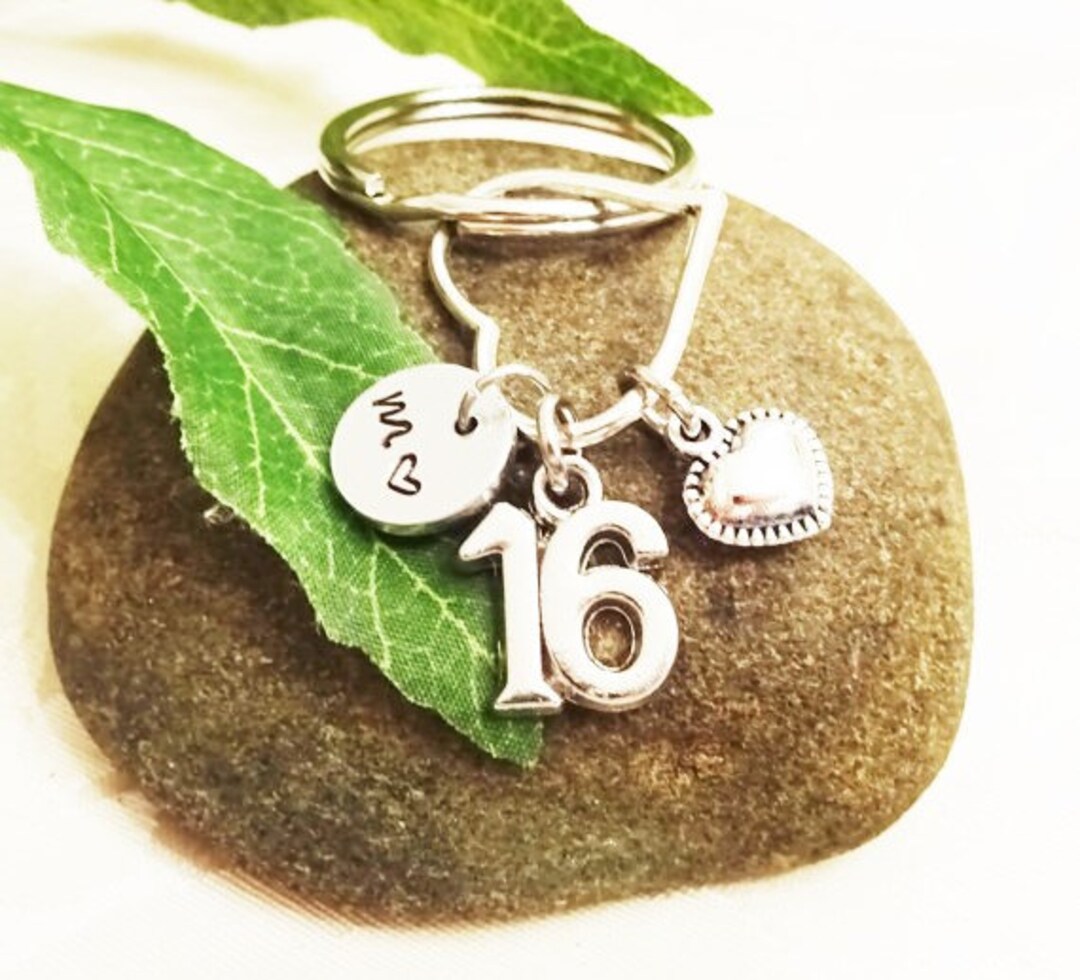 16 BIRTHDAY KEYCHAIN on a Heart Personalized With Initial Charm - Gift ...