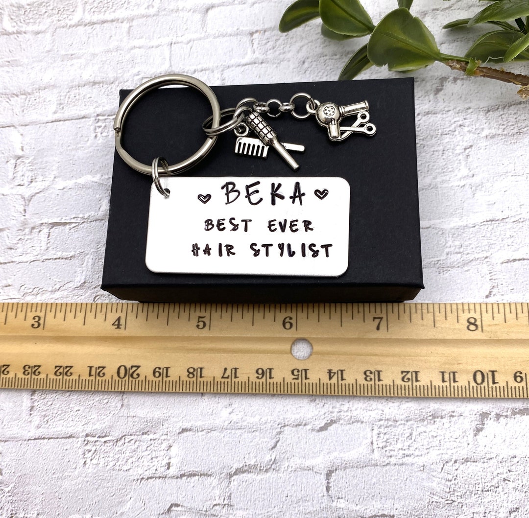HAIR STYLIST KEYCHAIN Gift With Name Hand Stamped With Charms Brush and ...