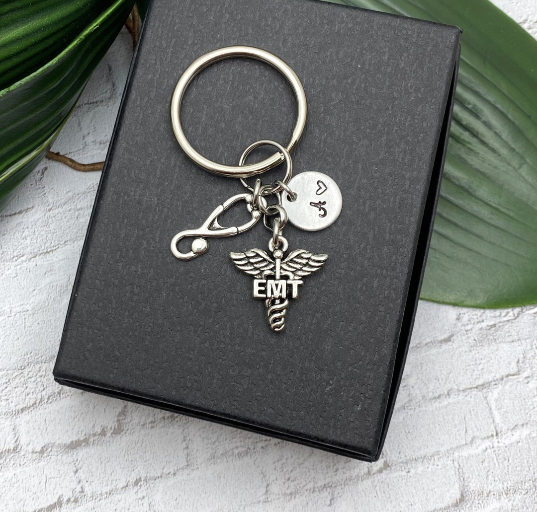 EMT and STETHOSCOPE Keychain Personalized W Initial Charm -choose ...
