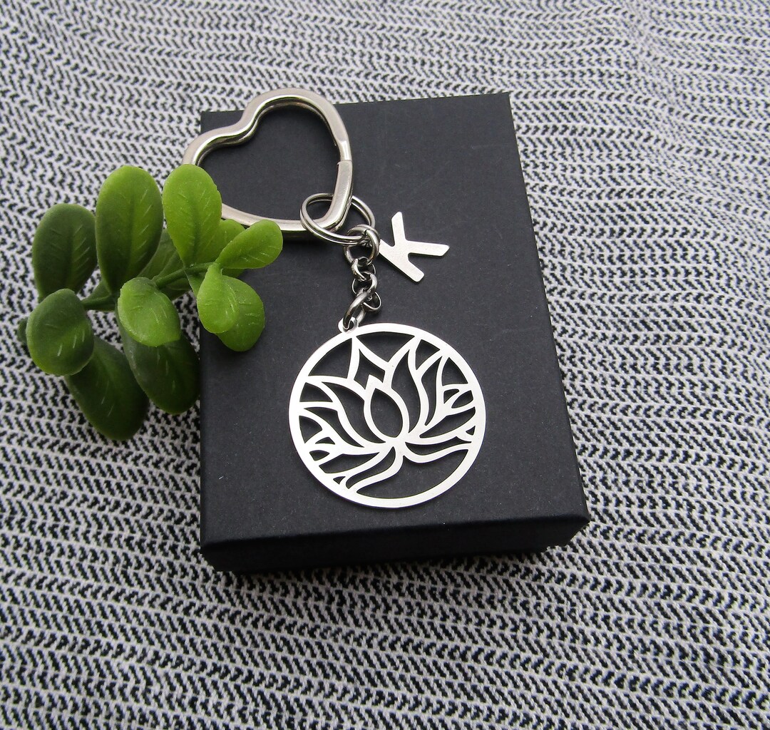 Stainless Large LOTUS FLOWER KEYCHAIN Personalized W Initial Charm ...