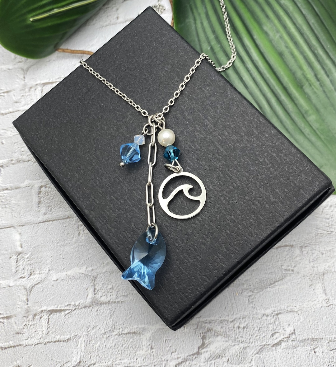 Swarovski WAVES & FISH NECKLACE - All Stainless Steel Non Tarnish ...