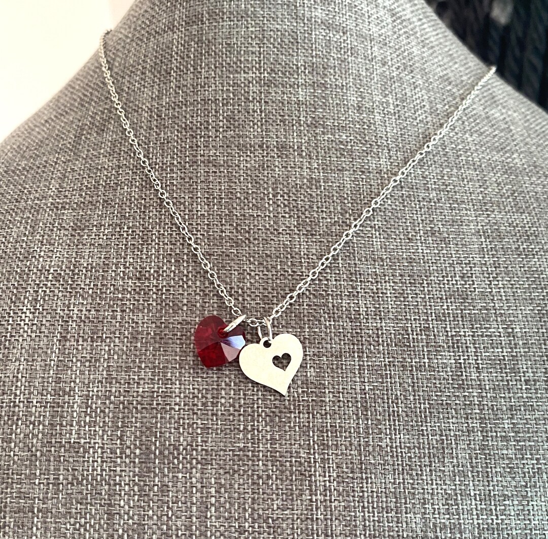 Stainless Steel HEART in HEART NECKLACE W Swarovski Red Crystal Heart ...