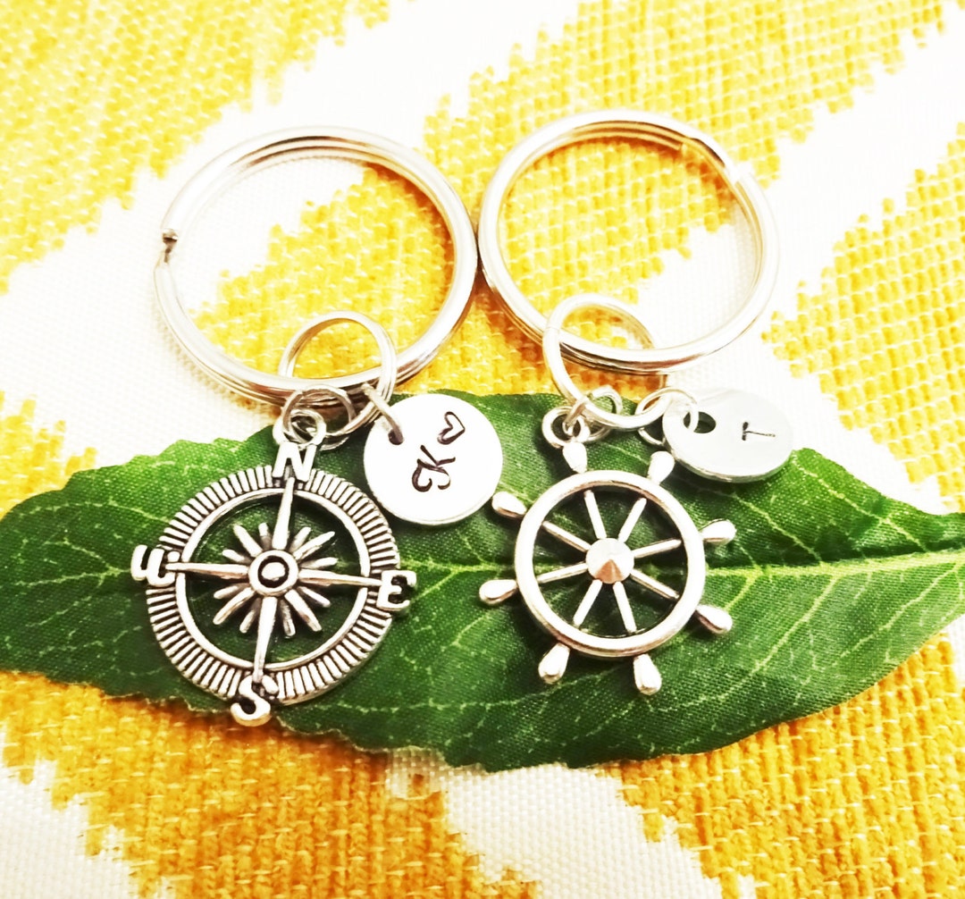 COMPASS & SHIP WHEEL Matching Keychains Personalized With Initial ...