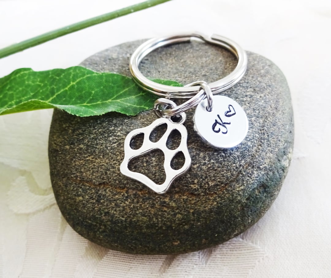 PAW PRINT KEYCHAIN With Initial Charm - Silver Tone Paw Keychain, Bag ...