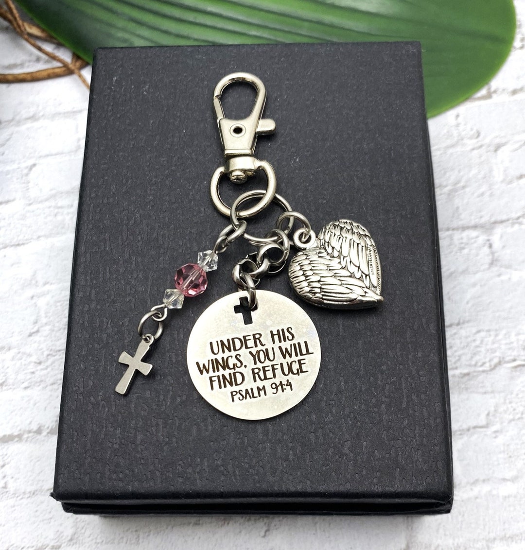CROSS & WINGS KEYCHAIN "under His Wings, You Will Find Refuge" Psalm 91 ...
