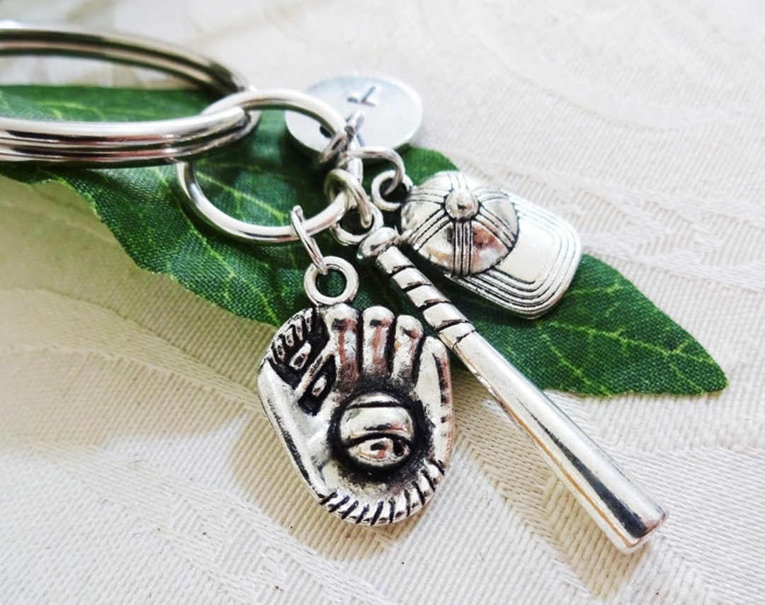 BASEBALL SOFTBALL KEYCHAIN W Initial Charm - Bat, Glove and Ball, Cap ...