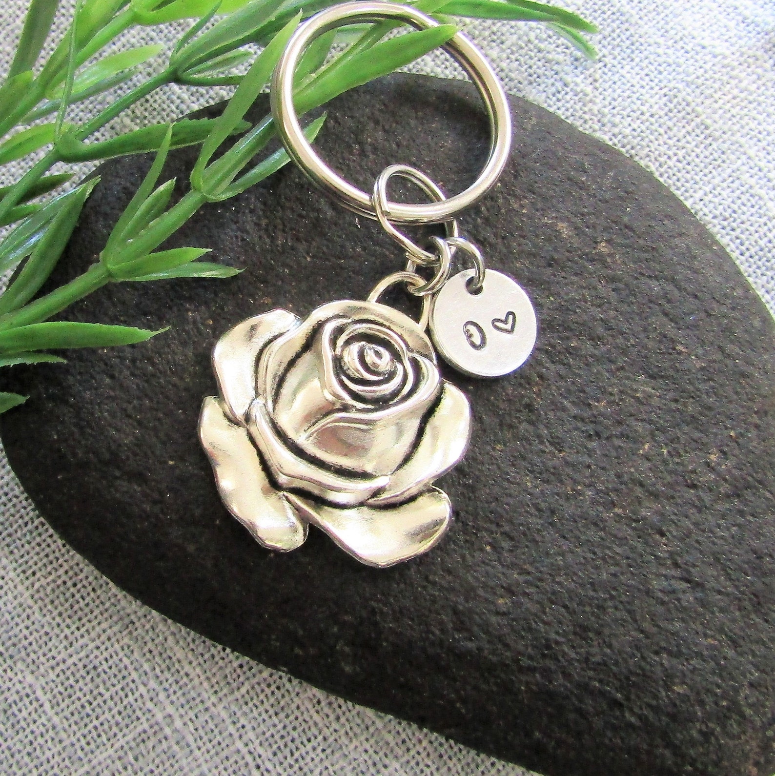 ROSE KEYCHAIN With Initial Charm - Silver Tone Rose Keychain, Zipper ...