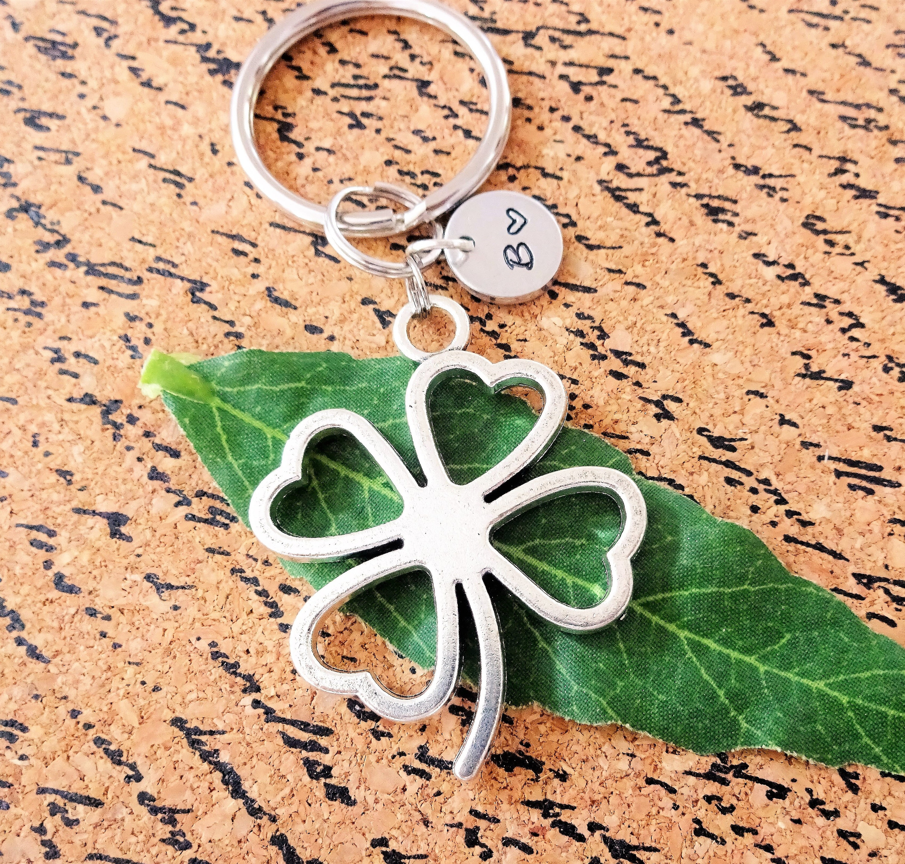 LARGE 4 LEAF CLOVER keychain w initial charm almost 2 inches | Etsy