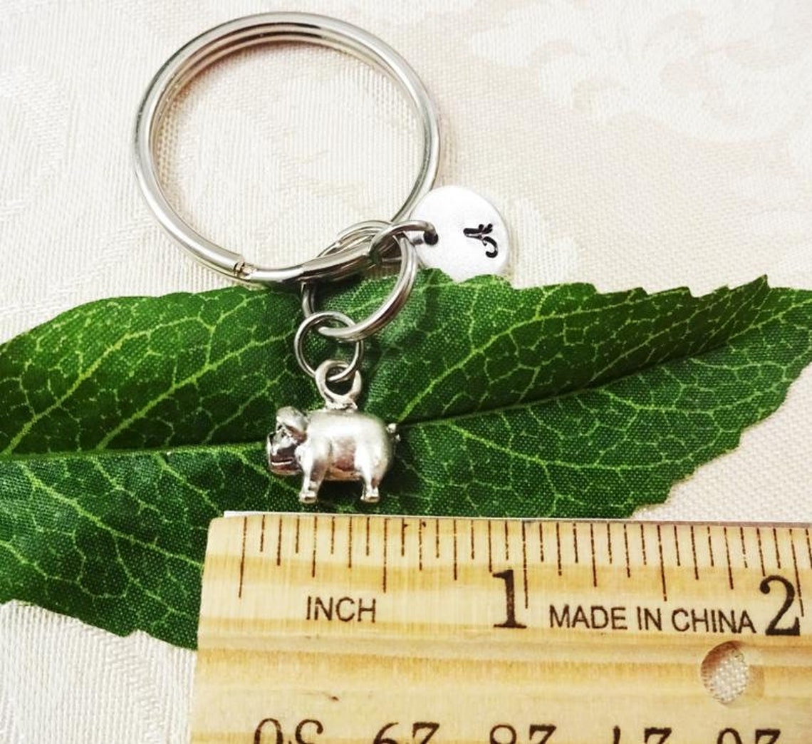 PIG KEYCHAIN With Initial Charm Choose Silver or Bronze Pigs | Etsy