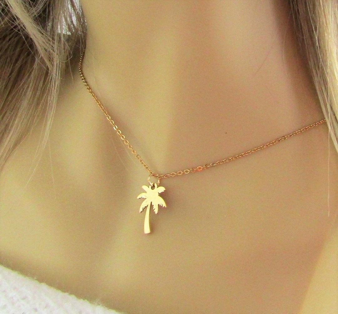 PALM TREE NECKLACE Gold Stainless Steel Charm & Chain - Double Sided 3/ ...