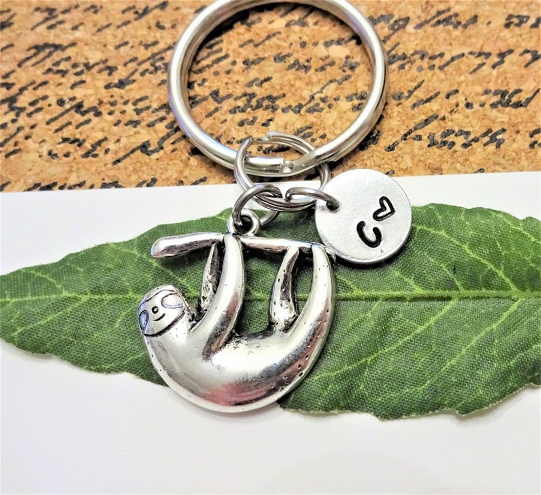 SLOTH KEYCHAIN Personalized With Initial Charm - Double Sided Silver 7/ ...