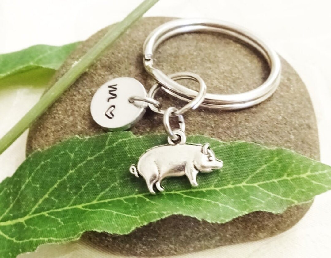 PIG KEYCHAIN With Initial Charm - Choose Silver or Bronze Pigs Shown ...