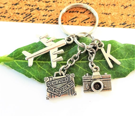 AIRPLANE SUITCASE CAMERA Keychain Personalized With Initial | Etsy