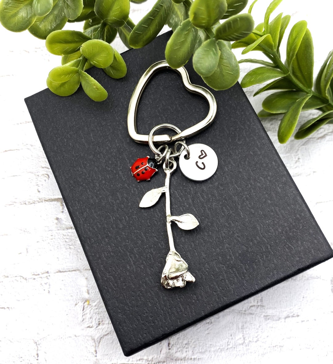 3D ROSE & LADYBUG KEYCHAIN With Initial Charm Silver Tone Rose Keychain ...