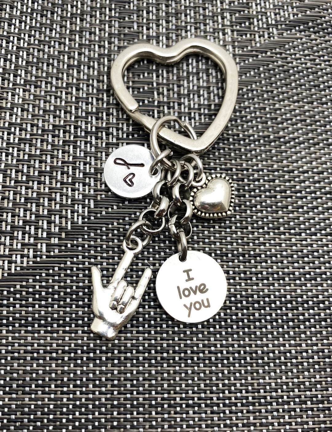 I LOVE YOU With Heart Hand Sign Keychain With Initial Charm- Keychain ...