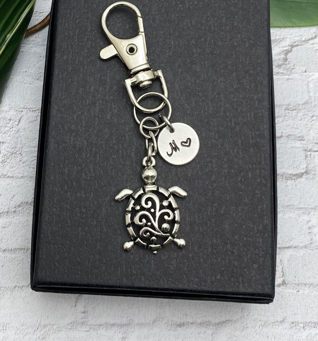 FILIGREE TURTLE KEYCHAIN Personalized With Initial Charm Keychain ...