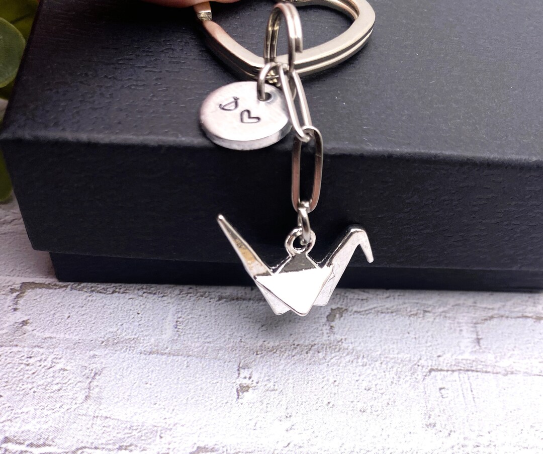 3D ORIGAMI BIRD Keychain Personalized With Initial Charm - Silver ...