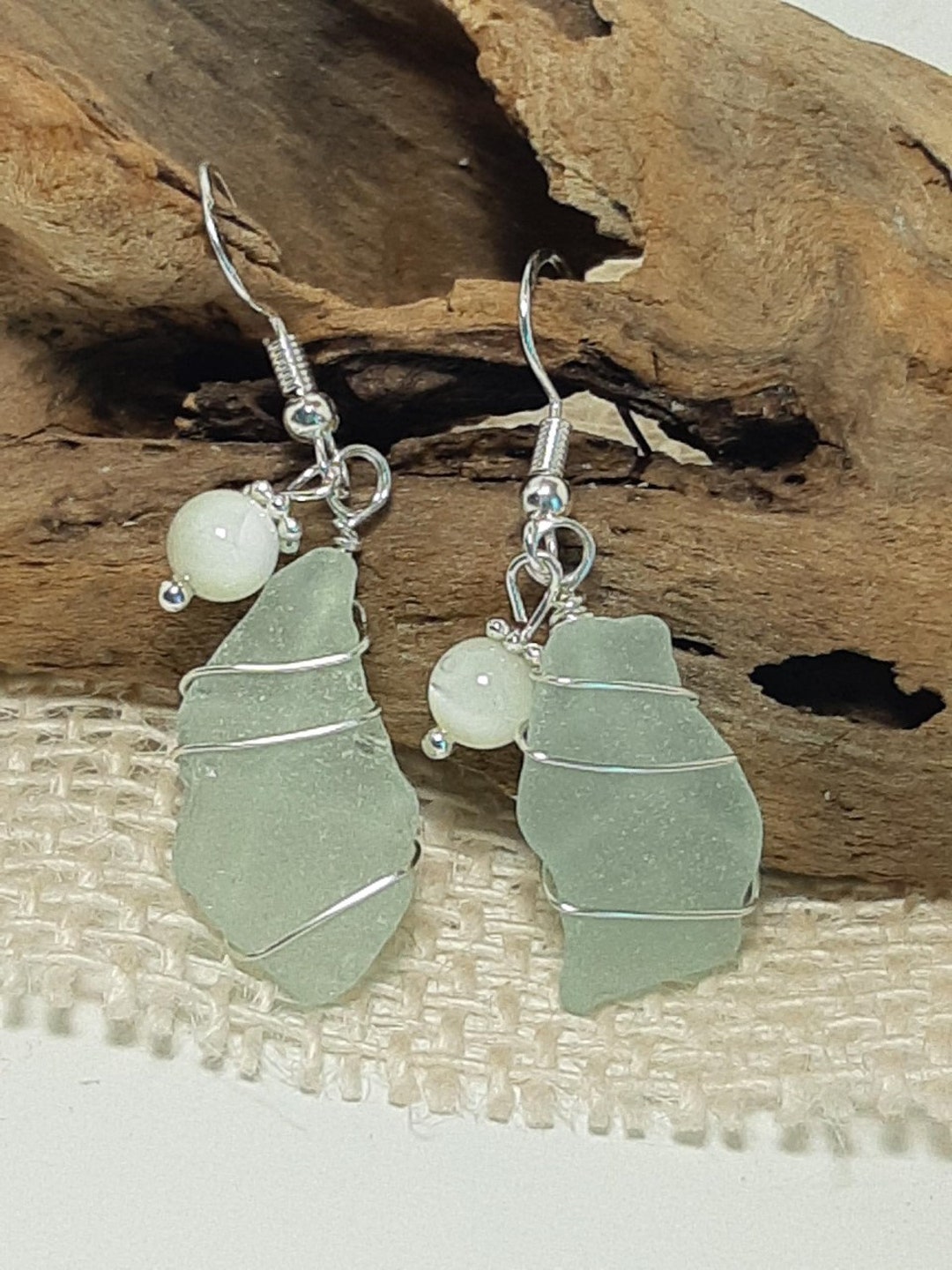 Light Aqua Beach Sea Glass and Mother of Pearl Silver Wire Wrapped Earrings Etsy