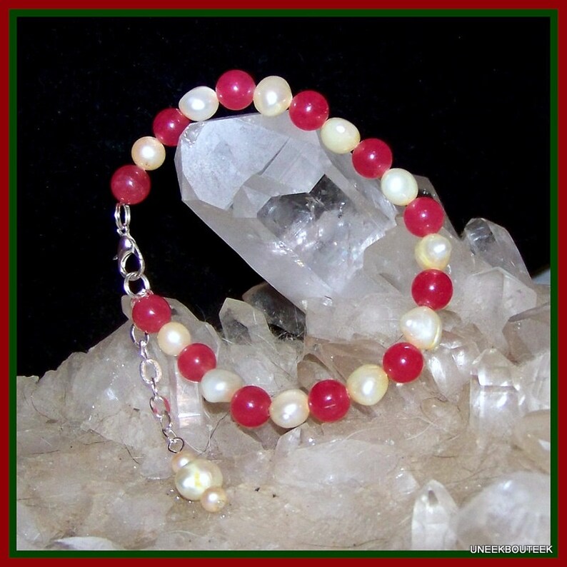Ruby Red Quartz & White Pearl Extendable Bracelet Candy Cane - Etsy